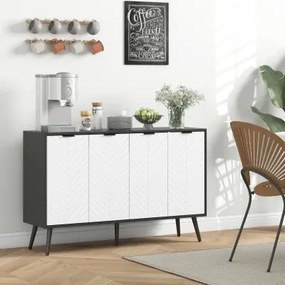 HOMCOM komoda se 4 dveřmi Komoda do obývacího pokoje Police nastavitelná do výšky Dřevěné nohy pro kuchyň Bílá a černá 120x35x77,4 cm