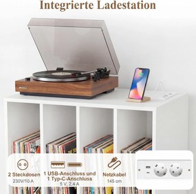 Costway Stolek na gramofon s nabíjecí stanicí a přihrádkami, bílý