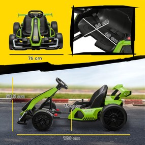 HOMCOM Elektrické Go-Kart pro Děti 6-12 Let 24V 6-12km/h s Nastavitelným Sedadlem, 2 Motory, Drift Go-Kart s Klaksonem, Světly a Hudbou, Zelené