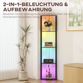 HOMCOM LED stojací lampa, 5stupňově stmívatelná lampa s policí, RGB měnění barev, dálkové ovládání B31-552V90BK