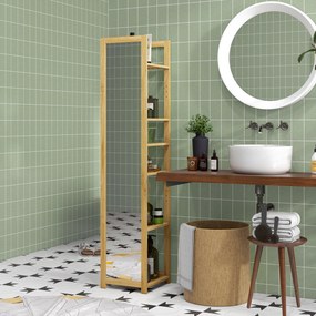 HOMCOM Koupelnová sloupová skříň s zrcadlem a 6 policemi v přírodním bambusu, 35D x 35Š x 168V cm