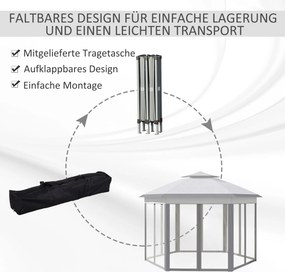 Outsunny skládací pavilon 4 x 4 m Šestiúhelníkový design Sítě proti hmyzu, voděodolná ventilační střecha pro grilovací párty Šedá+Bílá