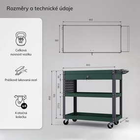 Dílenský nástrojový vozík se zásuvkou, na kolečkách, lahvově zelená, 800x800x380 mm: FRED