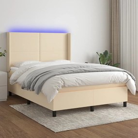 Box spring postel s matrací a LED krémová 140x200 cm textil