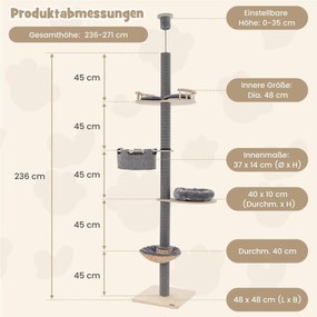Costway Cat tree strop vysoký 236-271 cm od podlahy ke stropu kočičí nábytek