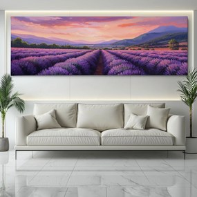 Obraz na plátně - Levandulové pole a kopcovitá krajina FeelHappy.cz Velikost obrazu: 240 x 80 cm