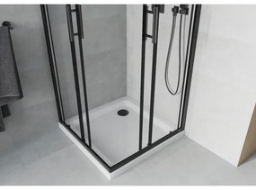 Mexen Rio, sprchový kout s posuvnými dveřmi 90x90x190 cm, 5mm čiré sklo, černý profil, bílá sprchová vanička SLIM, 860-090-090-70-00-4010B