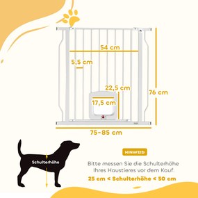 PawHut rozšiřitelná bezpečnostní brána pro psy, 75–85 cm — do dveří a na schodiště, malá dvířka, tlakové uchycení, dvojité zamykání, bílá