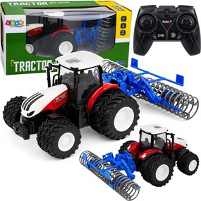 LEAN Toys Traktor se zemědělským válcem, dálkově ovládaný RC, červená světla, měřítko 1:24
