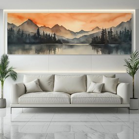 Obraz na plátně - Klidná hladina, lesy, hory a oranžové nebe FeelHappy.cz Velikost obrazu: 90 x 30 cm