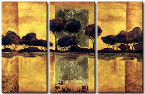 Obraz Zlatý horizont (3-dílný) - abstrakce se stromy a motivem vody