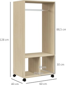 HOMCOM Skříň s kolečky - Otevřený design, organizér s šatní tyčí a policemi pro oblečení do ložnice 60x40x128 cm - Přírodní dřevo
