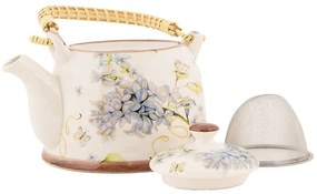 Krémová konvička s modrými květy a se sítkem - 18*14*12 cm / 800 ml