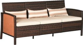 Outsunny Ratanová pohovka s polstry, pro 3 osoby, zahradní lounge pohovka, ocel, hnědá, 173 x 68 x 78 cm | Aosom