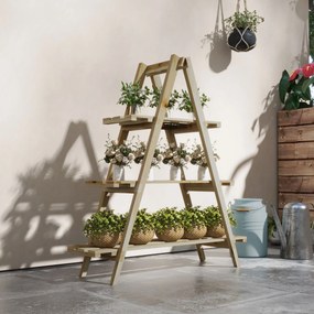 Outsunny Pyramidový skládací dřevěný květinový stojan - Dřevěný stojan na rostliny se 3 policemi - Rozměry 100D x 36Š x 112V cm - Světlé masivní smrk
