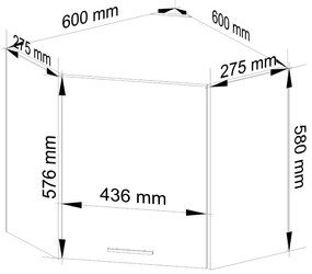 Závěsná rohová kuchyňská skříňka OLIVIE 60x60 cm matná bílá/matná grafitově šedá