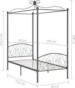 vidaXL Marketos Rám postele s nebesy šedý kovový 90 x 200 cm