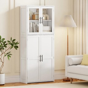 Costway Skříň na smeták s 2 háky a skleněnými dveřmi, dřevěná vysoká víceúčelová