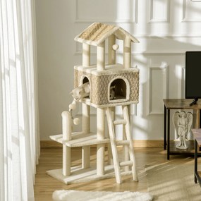 PawHut škrabadlo velký kočičí strom 130 cm, s jeskyní pro kočky a míčky na hraní, jutové kmeny, khaki+béžová, dřevotřískový plyš| Aosom