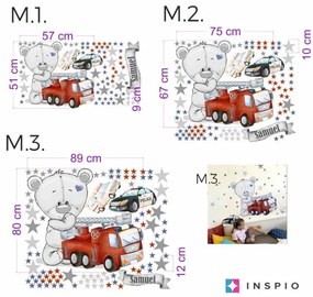 Samolepky na zeď pro kluky - Zásahová auta a medvídek do dětského pokoje