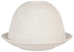 Bílý porcelánový svícen na čajovou svíčku s vánočním tradičním městečkem – 12x8 cm