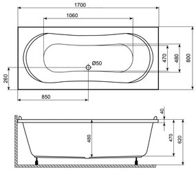 Arttec Krona Flat 170 x 80 cm PAN04387 vana hydromasážní akrylátová