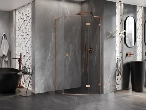 Mexen Lunar, L výklopný pětiúhelníkový sprchový kout pravý 90 x 90 cm, 8mm čiré sklo, profil měděná matná, 831L-090P-090L-65-00-P