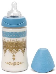 Suavinex Kojenecká láhev kulatá silikonová savička Premium Couture 270 ml Světle modrá