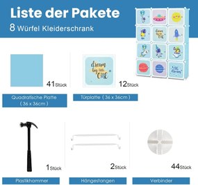 Costway Šatní skříň pro děti se 2 závěsnými sekcemi a 12 kostkami Roztomilá