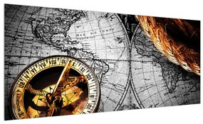 Historický obraz mapy světa a kompasu (100x40 cm)