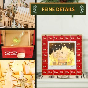 HOMCOM LED adventní kalendář s vesnickou scénou, 24 velkých zásuvek, MDF, 34 x 7 x 34 cm, červená