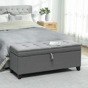 HOMCOM Lavice s úložným prostorem, polstrovaná lavice 120x40x48 cm s bezpečnostními panty, lněný vzhled, tmavě šedá