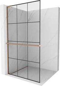 Mexen Kioto+ L, sprchová zástěna Walk-In s poličkou a věšákem 100 x 200 cm, 8mm čiré sklo černý vzor, ​​měděný matný profil, 800-100-123-65-77