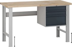 Výškově nastavitelný dílenský stůl G7, buková spárovka, 1500 x 685 x 840-1040 mm, 1x kontejner, 3 zásuvky, grafit