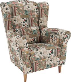 relaxační křeslo, ušák, dřevo/látka, nohy světlé/potah patchwork viorica 1, Tempo Kondela CHARLOT