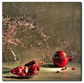 Obraz na plátně - Zátiší - větev a granátové jablko - čtverec 3274A (50x50 cm)