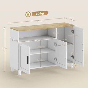 HOMCOM komoda do kuchyně s tlumenými dvířky, 2 skříně a otevřená přihrádka z dřeva, 110x33x75 cm, bílá