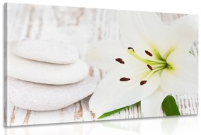 Obraz lilie a masážní kameny v bílém provedení - 120x80 cm