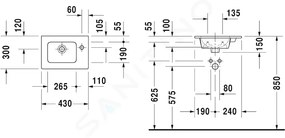 DURAVIT - ME by Starck Umývátko nábytkové 430x300 mm, bez přepadu, s otvorem pro baterii, WonderGliss, bílá (07234300411)