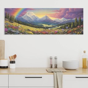 Obraz na plátně - Jehličnaté lesy a hory s duhou FeelHappy.cz Velikost obrazu: 120 x 40 cm