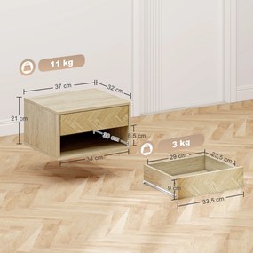 HOMCOM Sada 2 moderních závěsných nočních stolků s šuplíkem a otevřenou přihrádkou, 37x32x21 cm, přírodní dřevo
