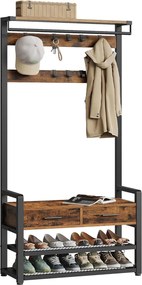 Předsíňová stěna s místem k sezení, úložným prostorem na boty, textilní zásuvkou, 30 x 80,4 x 181,6 cm, rustikální hnědá/černá