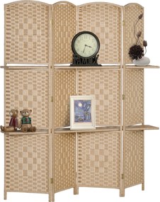 HOMCOM 4-panelový rozdělující paraván 160x170 cm se 2 policemi, soukromý paraván skládací příčka do kanceláře a ložnice přírodní | Aosom