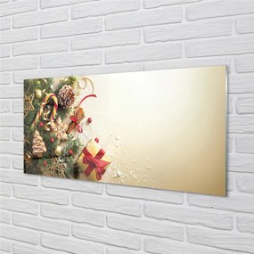 Obraz na skle Větvičky dárky perník kužely 125x50 cm