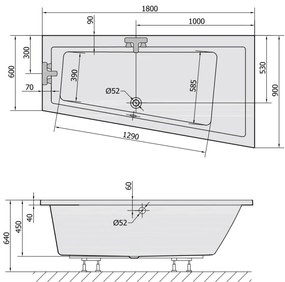 Polysan ANDRA R asymetrická vana 180x90x45cm, bílá, 78771