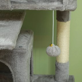 PawHut Kočičí škrabadlo výška 138 cm, strom pro kočky s sisalovými škrabacími sloupy, platformami, úkryty, zavěšenými míčky a hamakem, světle šedé