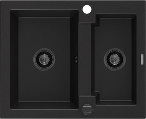 Mexen Carlos, granitový dřez 582x475x177 mm, 1,5-komorový, černá s černým sifonem, 6518581500-77-B