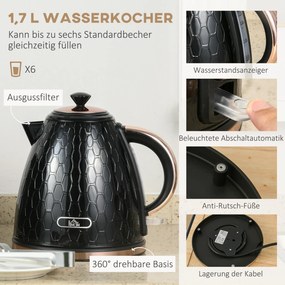 HOMCOM Sada rychlovarné konvice a toustovače, 1,7 l, různé režimy, LED indikátory, černá