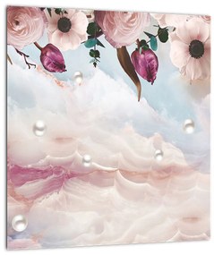 Obraz růžových květů s růžovým mramorem (30x30 cm)