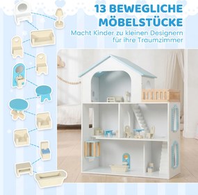 AIYAPLAY Domeček pro panenky 79,5 cm vysoký, 3patrový s výtahem, 13 kusy nábytku, balkón, velký dárek pro dívky od 3 do 6 let, modrý
